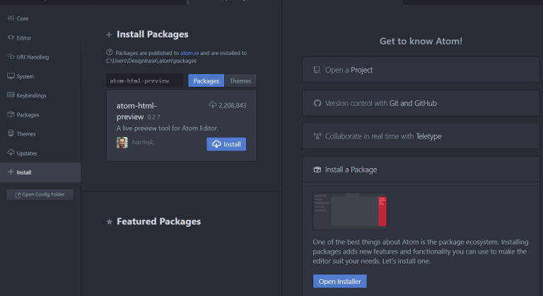 Atom Code Editor Installation with packages: Download and Install